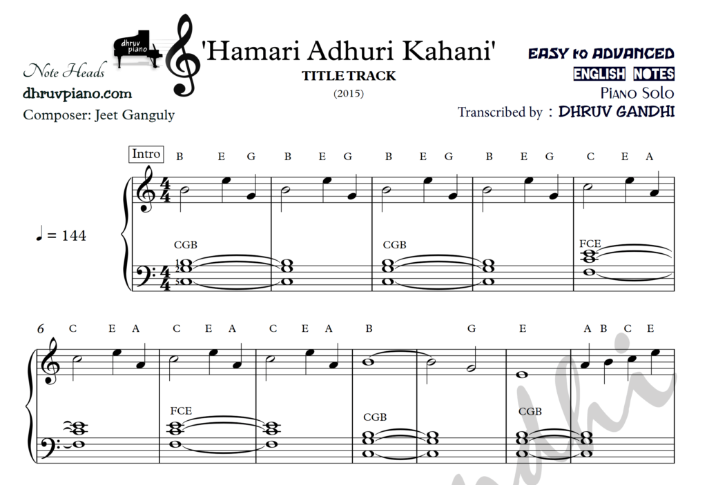 Hamari Adhuri Kahani (Sheet Music + English Notes + MIDI) - Piano Tutorial