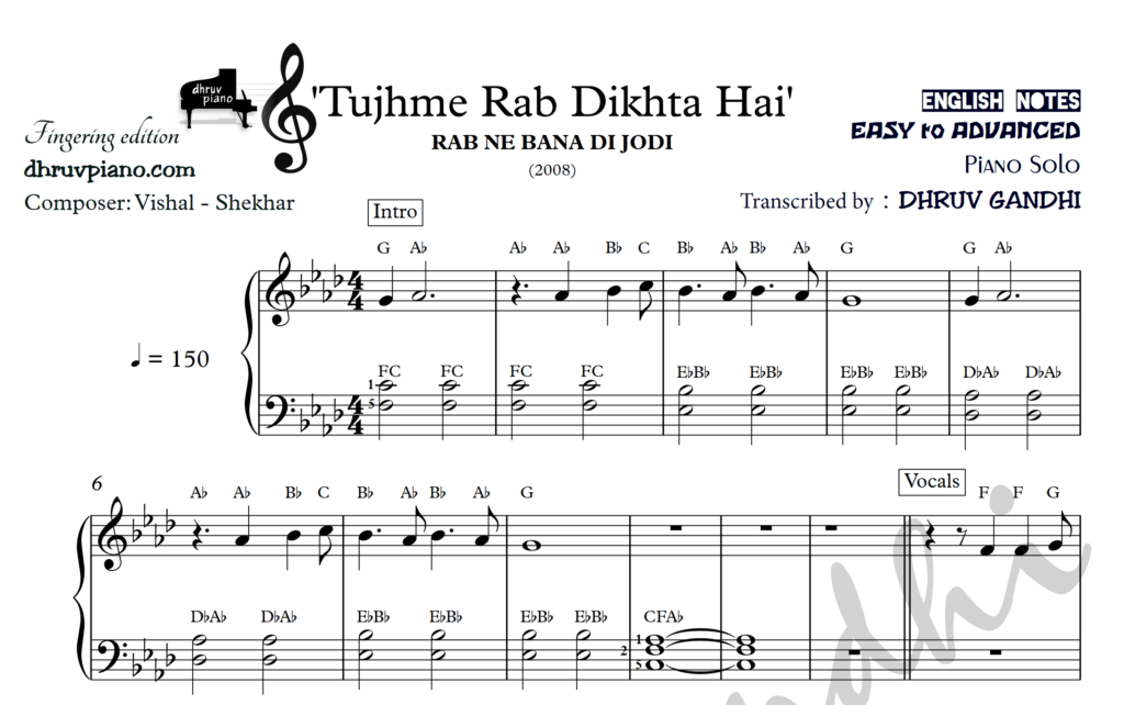 Tujhme Rab Dikhta Hai (Sheet Music + English Notes + MIDI) - Piano Tutorial
