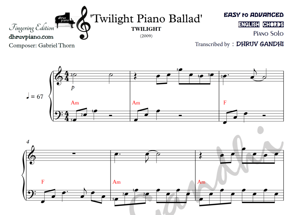 Twilight Piano Ballad (Sheet Music + English Notes + MIDI) - Piano Tutorial