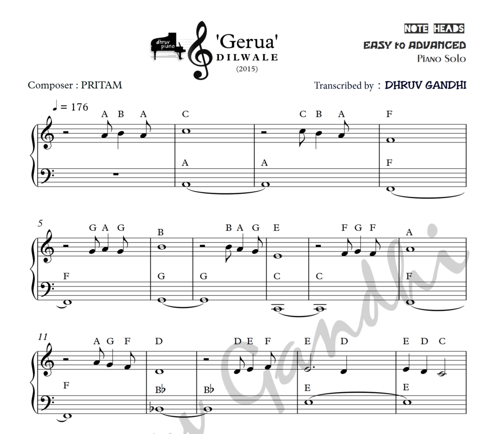 Gerua (Sheet Music + English Notes + MIDI) - Piano Tutorial