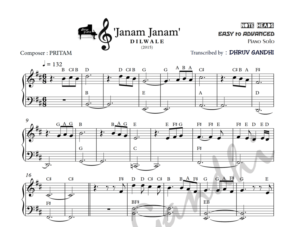 Janam Janam (Sheet Music + English Notes + MIDI) - Piano Tutorial