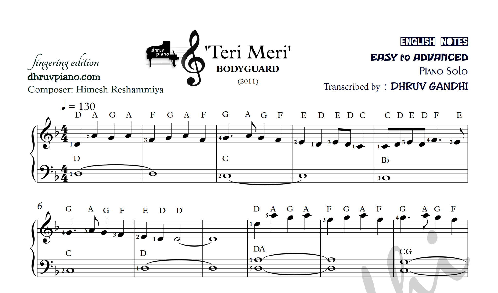 Teri Meri (Sheet Music + English Notes + MIDI) - Piano Tutorial