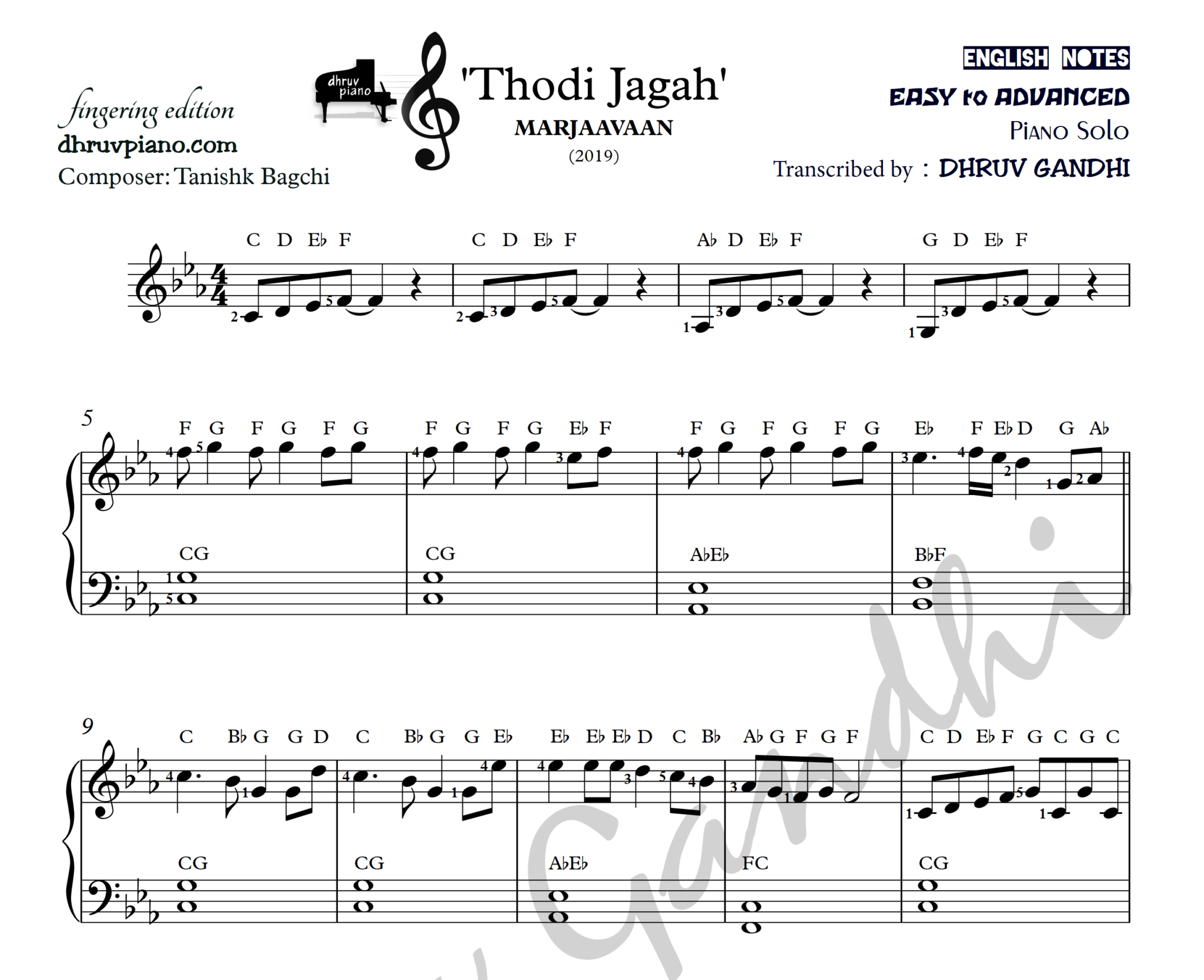 Thodi Jagah (Sheet Music + English Notes + MIDI) - Piano Tutorial