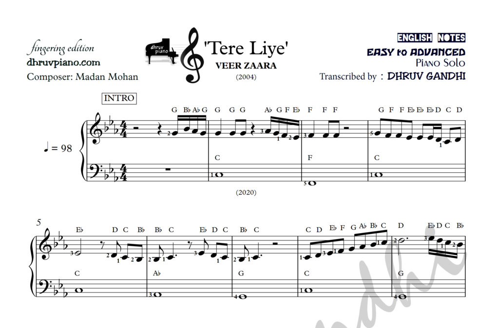 Tere Liye (Sheet Music + English Notes + MIDI) - Piano Tutorial