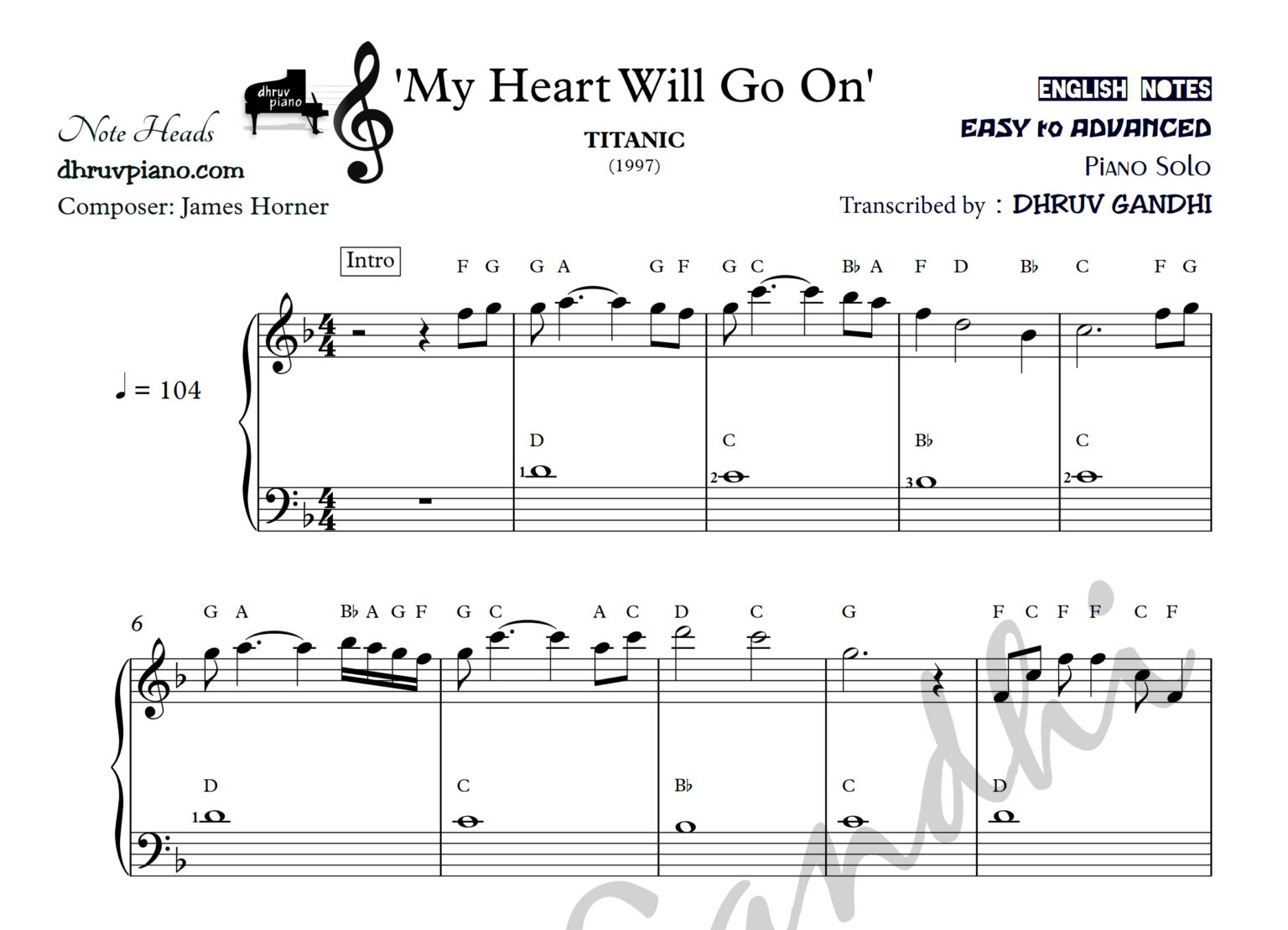 Titanic (Sheet Music + English Notes + MIDI) - Piano Tutorial
