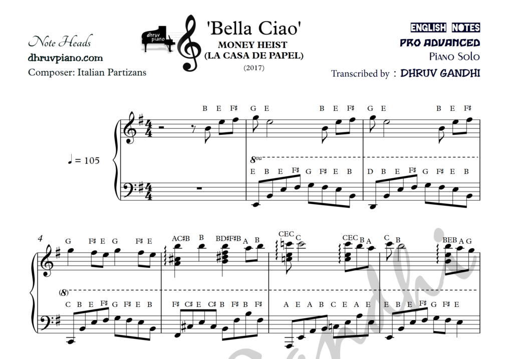 Bella Ciao (Sheet Music + English Notes + MIDI) - Piano Tutorial
