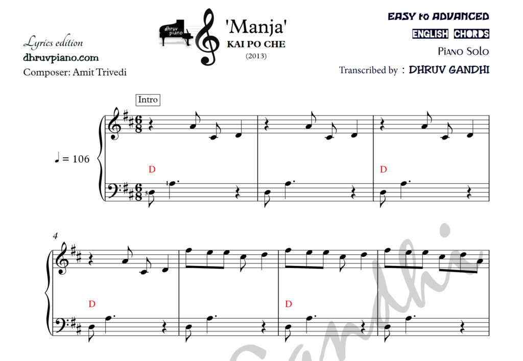 Manja - Kai Po Che (Sheet Music + English Notes + MIDI) - Piano Tutorial