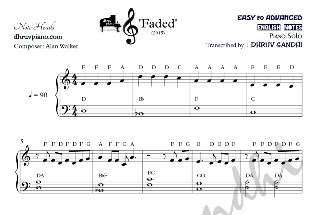 Faded - Alan Walker (Sheet Music + English Notes + MIDI) - Piano Tutorial